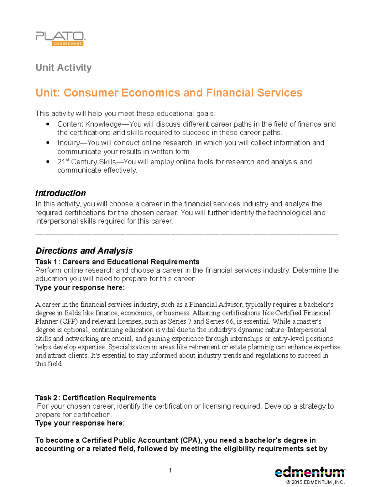 Consumer Economics and Financial Services UA (2) - Unit Activity Unit ...