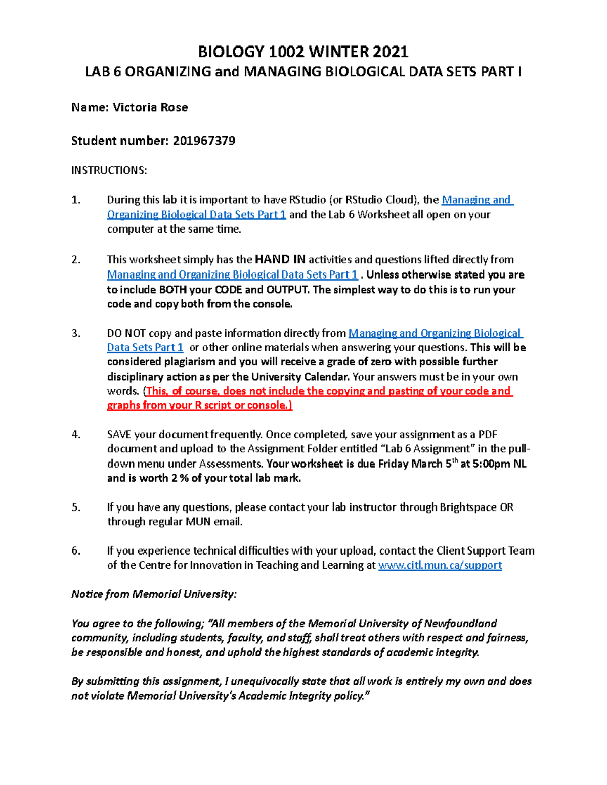 Lab 6 Bio 1002 - Biology 1002 Lab 6 - BIOLOGY 1002 WINTER 2021 LAB 6 ...