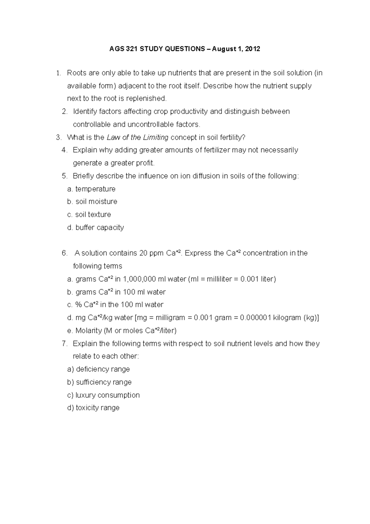 AGS 321 Study Questions - I - AGS 321 STUDY QUESTIONS – August 1, 2012 ...