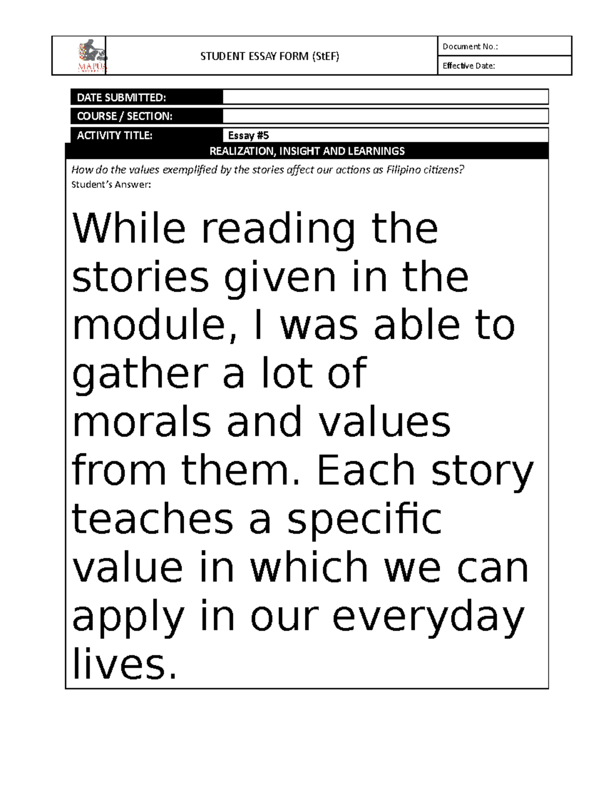 NSTP100 Essay #5 - DATE SUBMITTED:COURSE / SECTION: ACTIVITY TITLE ...