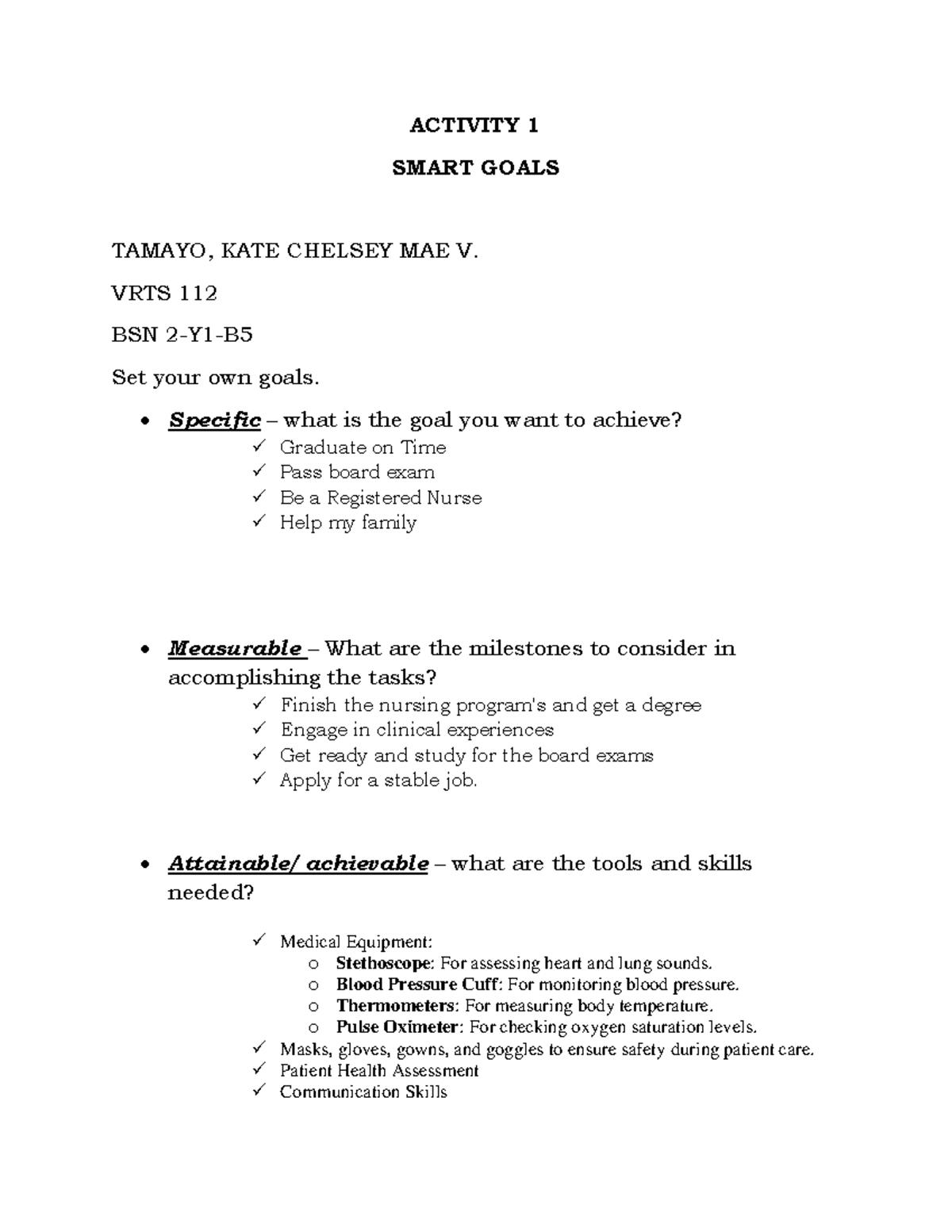 Midterm- Activity 1 - ACTIVITY 1 SMART GOALS TAMAYO, KATE CHELSEY MAE V ...