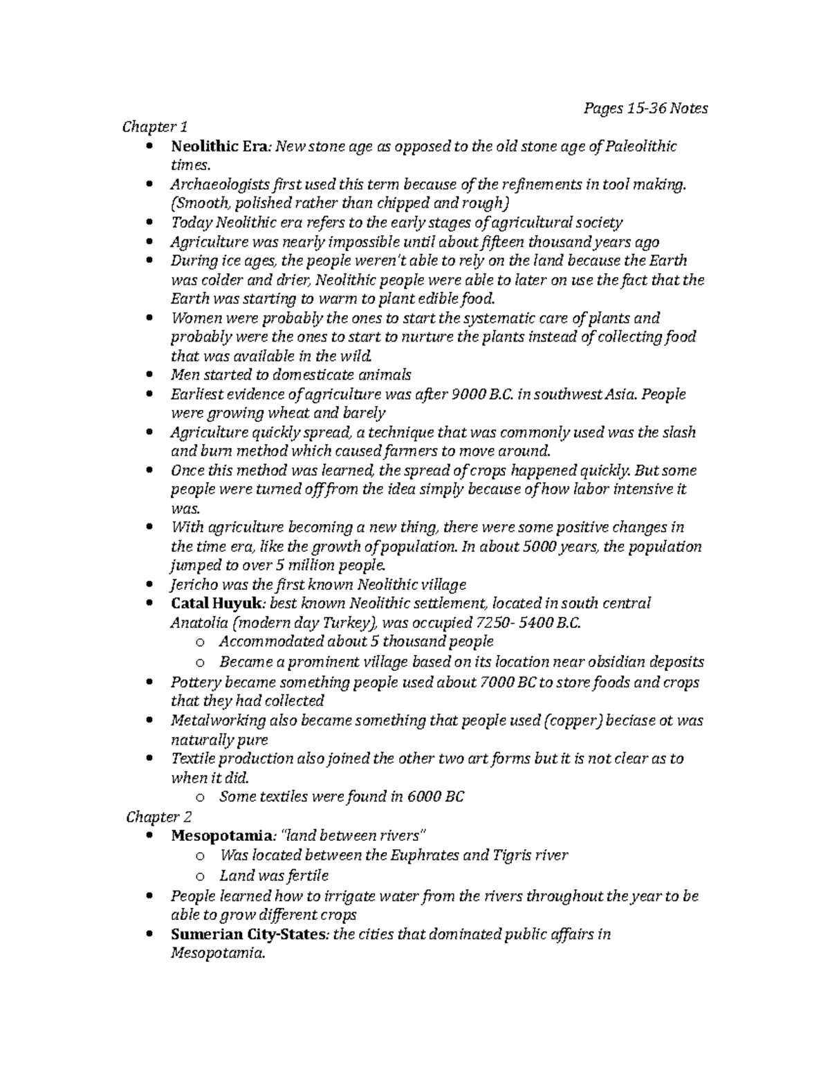 History Notes - Pages 15-36 Notes Chapter 1 Neolithic Era: New stone ...