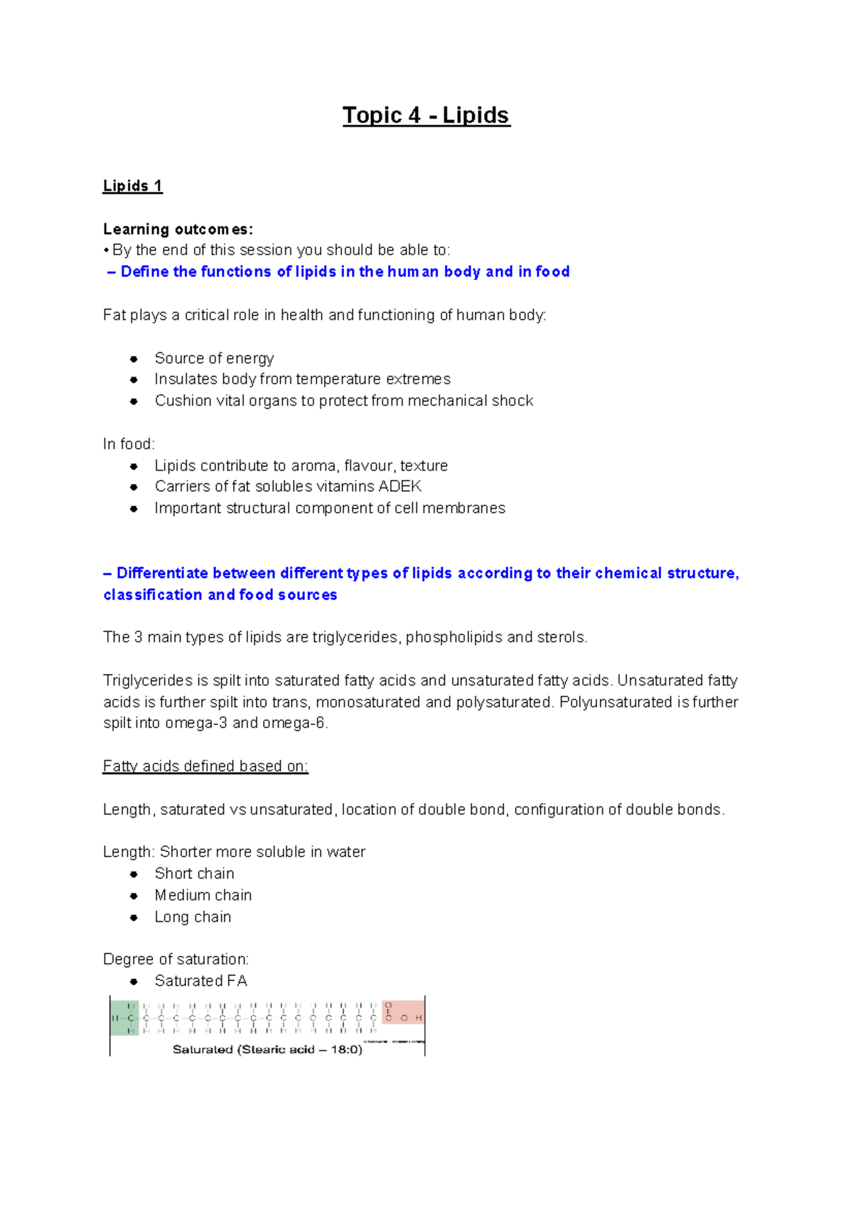 151.232 Nutrition and metabolism - Topic 4 - Lipids Lipids 1 Learning ...