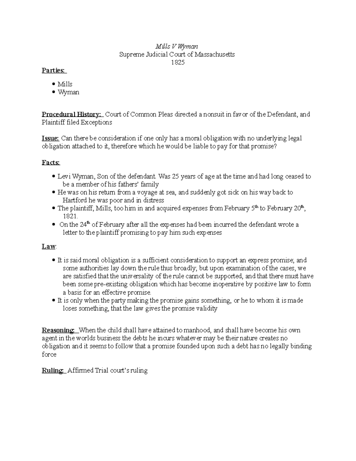 Week8Contracts - notes - Mills V Wyman Supreme Judicial Court of ...