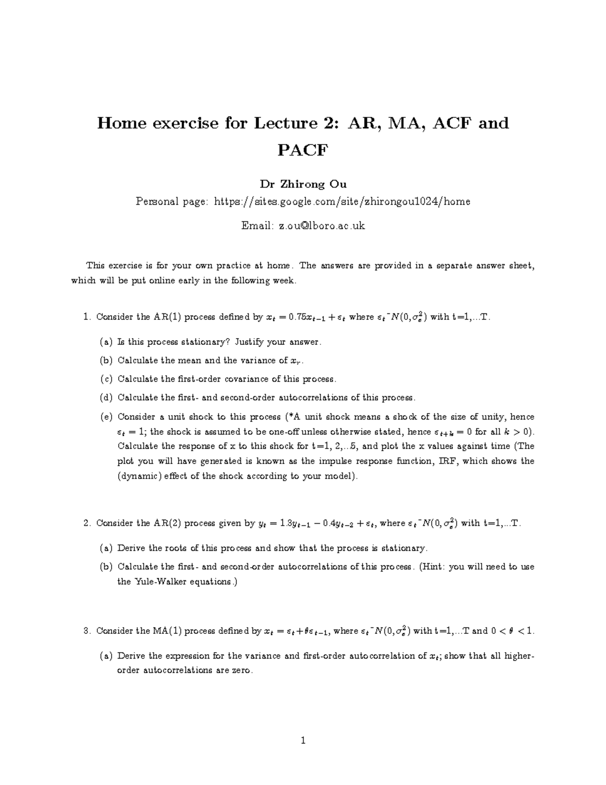 Lecture 2 home exercise - Home exercise for Lecture 2: AR, MA, ACF and ...