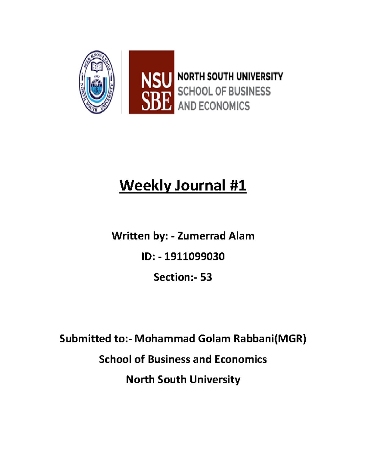 Weekly Journal #1 - Internship - Weekly Journal Written by: - Zumerrad ...