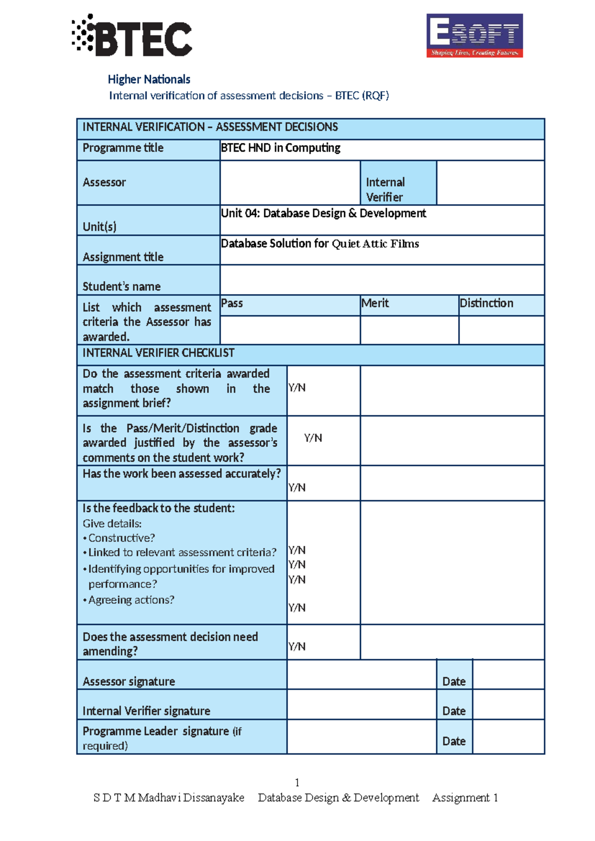 Database Sample - SLDC Lecture - Higher Nationals Internal verification ...
