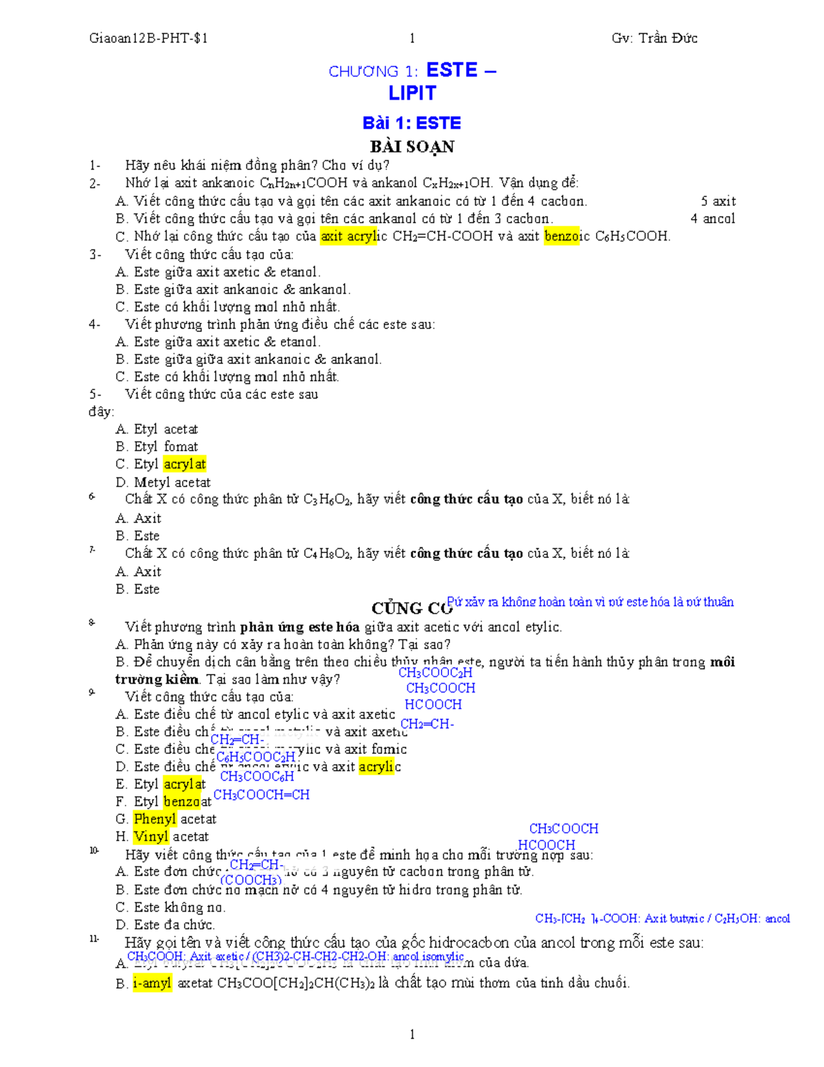 Giaoan 12B-PHT-1 - dsfcsdf - Giaoan12B-PHT-$1 1 Gv: Trần Đức Thiện 1 CHƯƠNG 1: ESTE – LIPIT Bài ...