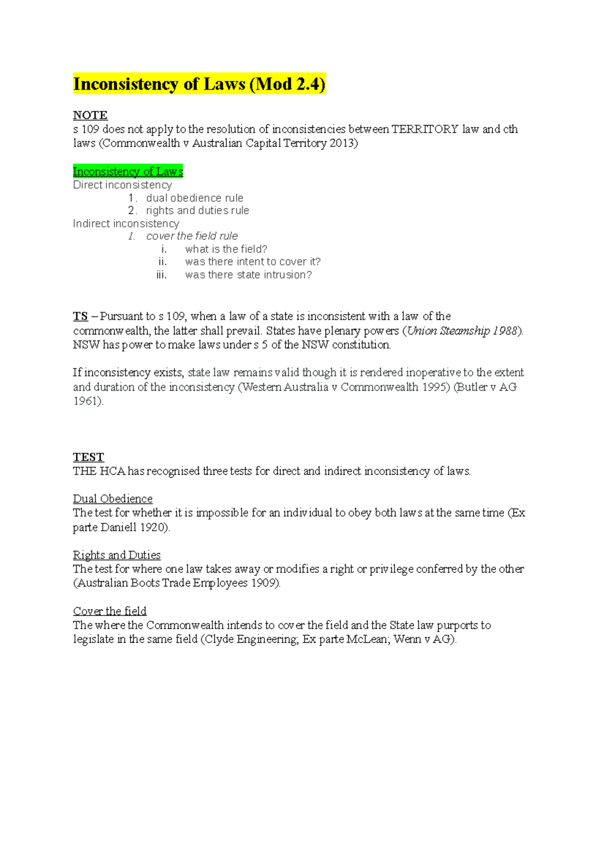 Inconsistency of Laws summary - Inconsistency of Laws (Mod 2) NOTE s ...