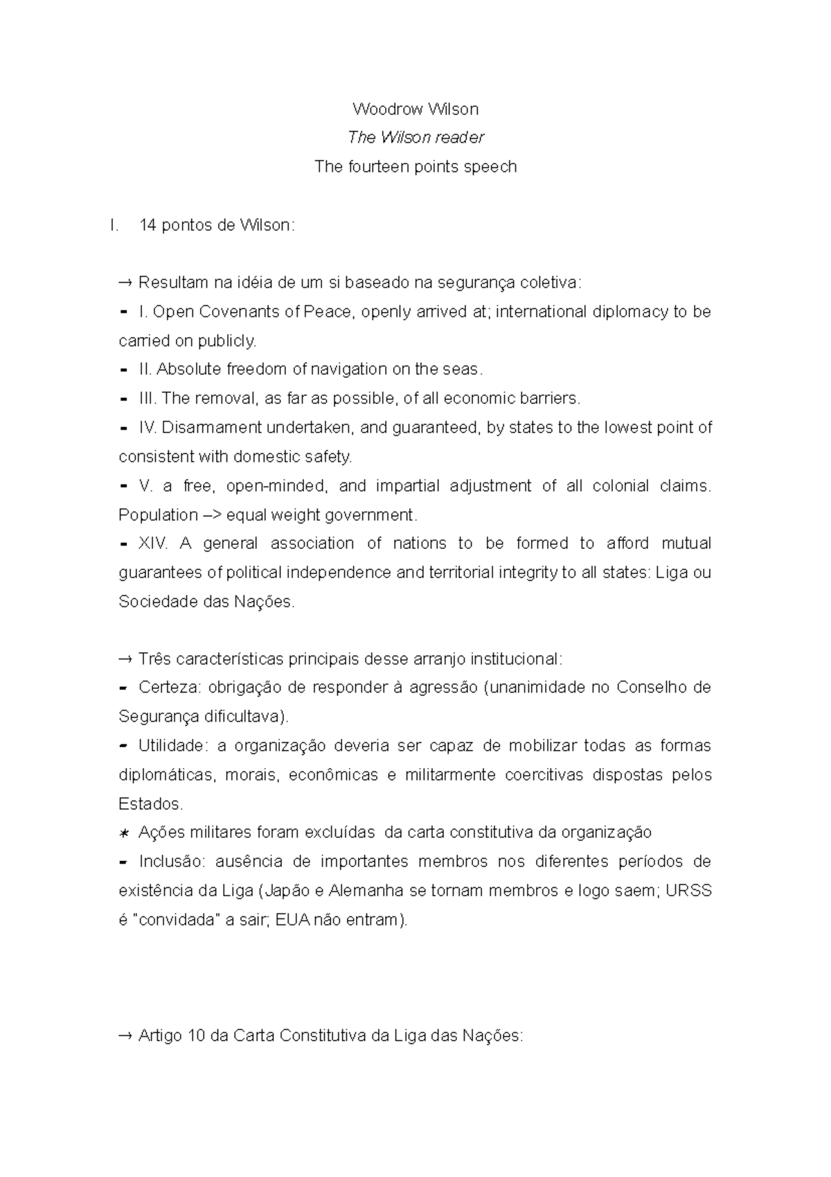 Woodrow Wilson - The fourteen points speech - Woodrow Wilson The Wilson ...