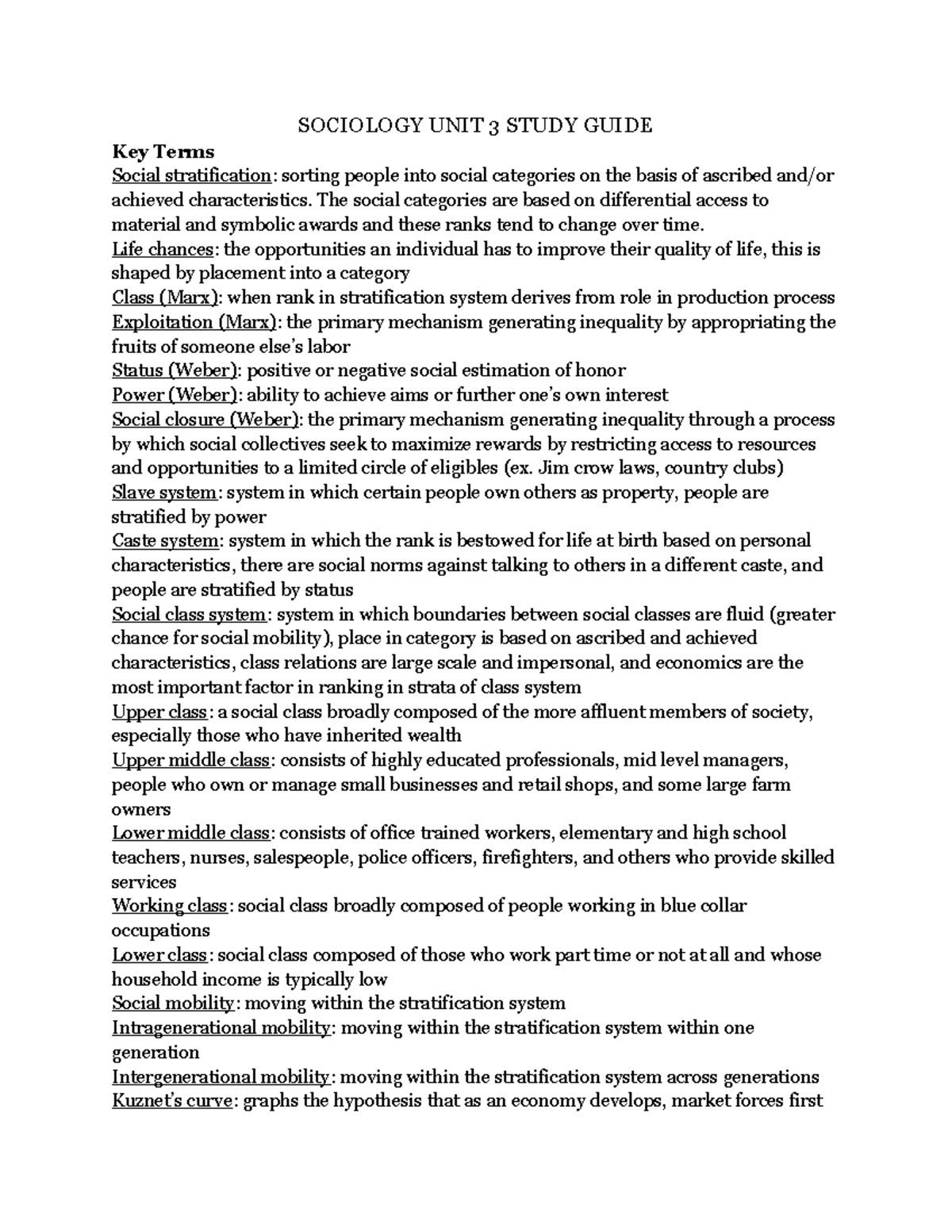 Sociology UNIT 3 Study Guide - SOCIOLOGY UNIT 3 STUDY GUIDE Key Terms ...