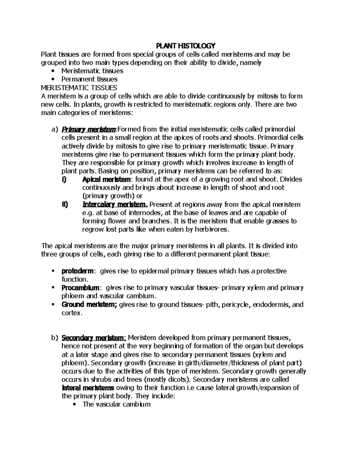A Level Plant Tissues Notes - PLANT HISTOLOGY Plant tissues are formed ...