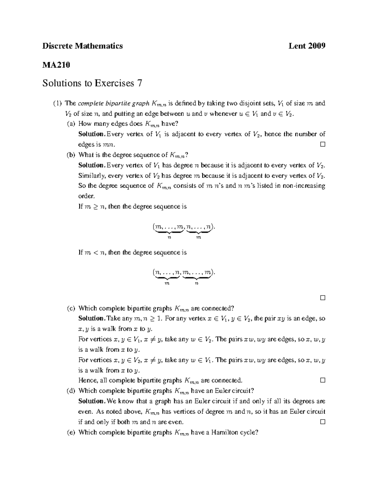 MA210 2009-2010 Week 7 Exercises - Solutions - Discrete Mathematics ...