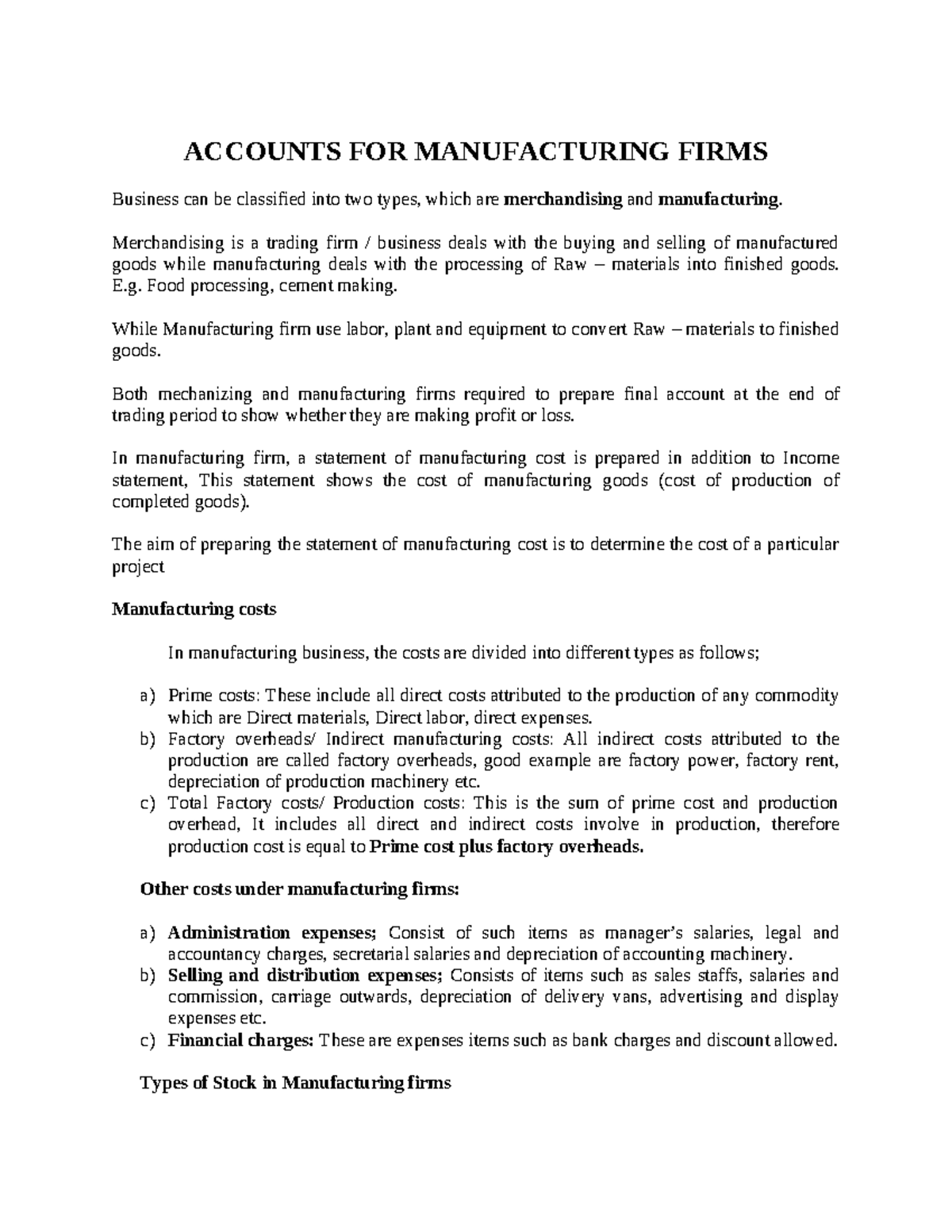 STATEMENT OF MANUFACTURING ACCOUNT - ACCOUNTS FOR MANUFACTURING FIRMS ...