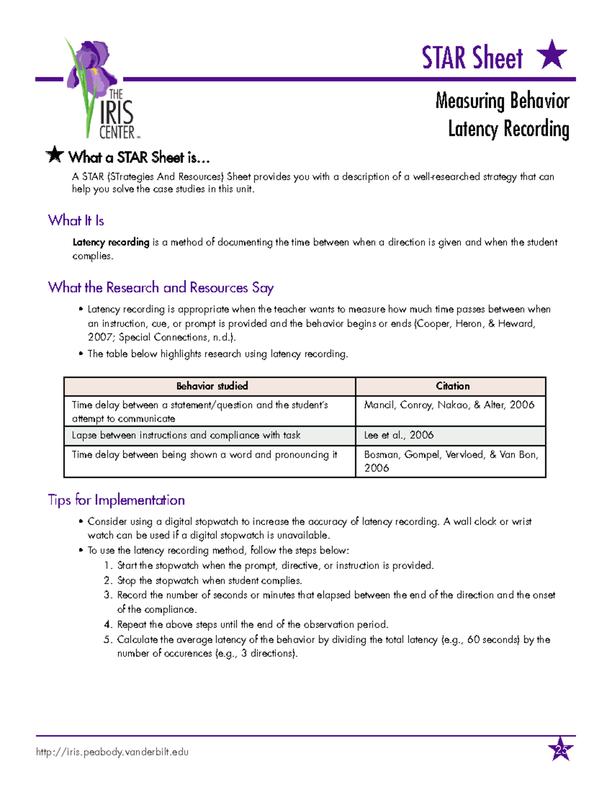 IRIS STAR Sheet Latency Recording - Measuring Behavior Latency ...