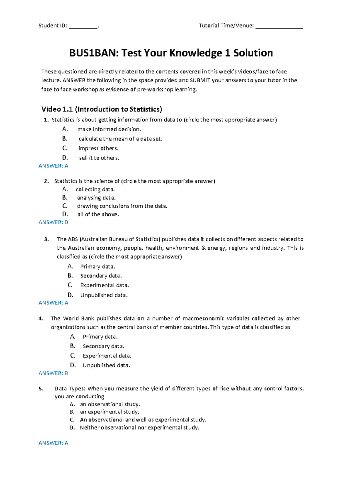 01 Test Your Knowledge - Solution - Student ID: _________, Tutorial ...