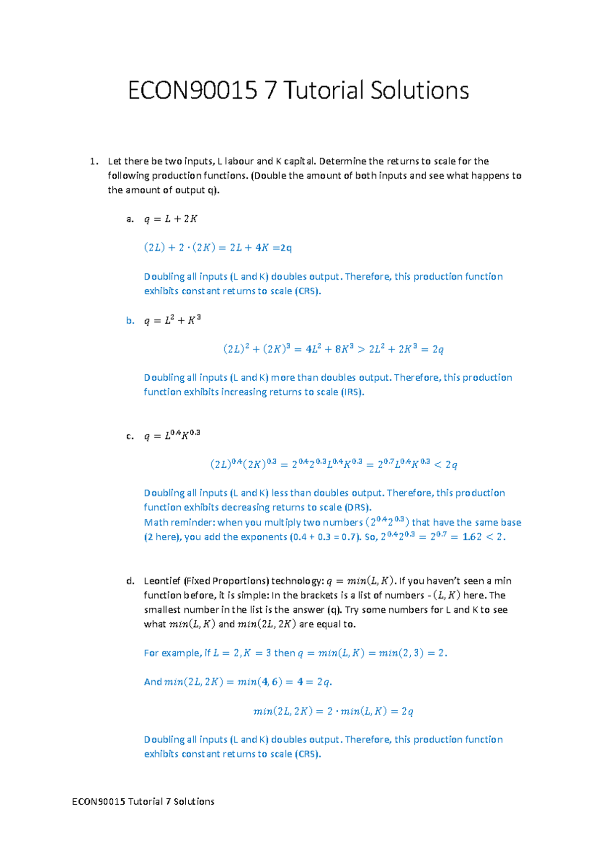 ECON90015 Week 7 Tutorial Solutions - ECON90015 7 Tutorial Solutions 1 ...