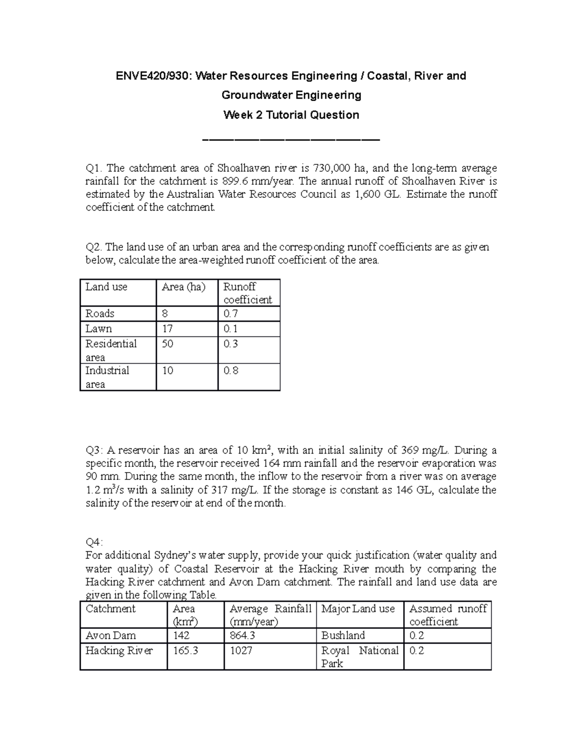 Week 2 Question - ENVE420/930: Water Resources Engineering / Coastal, River and Groundwater ...