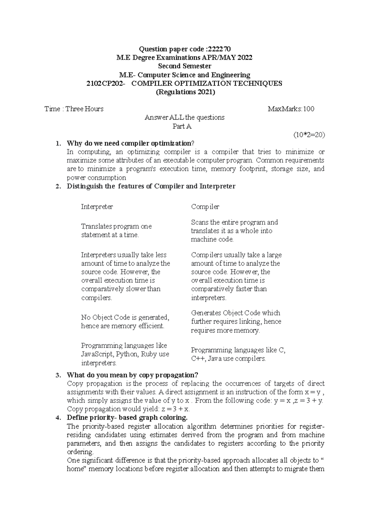 Compiler Optimization Techniques Question Paper Code M Degree