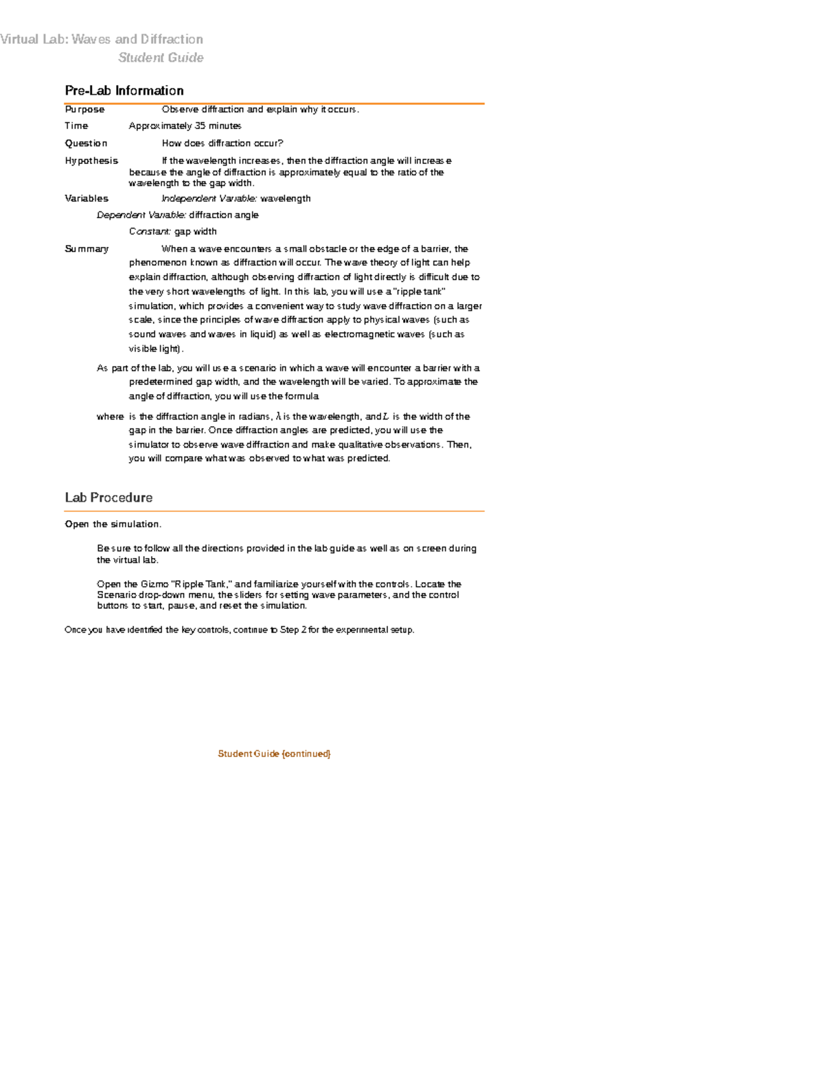 Virtual Lab Guide - Waves and Diffraction- SG - irtual Lab: Waves and Diffraction Student Guide ...
