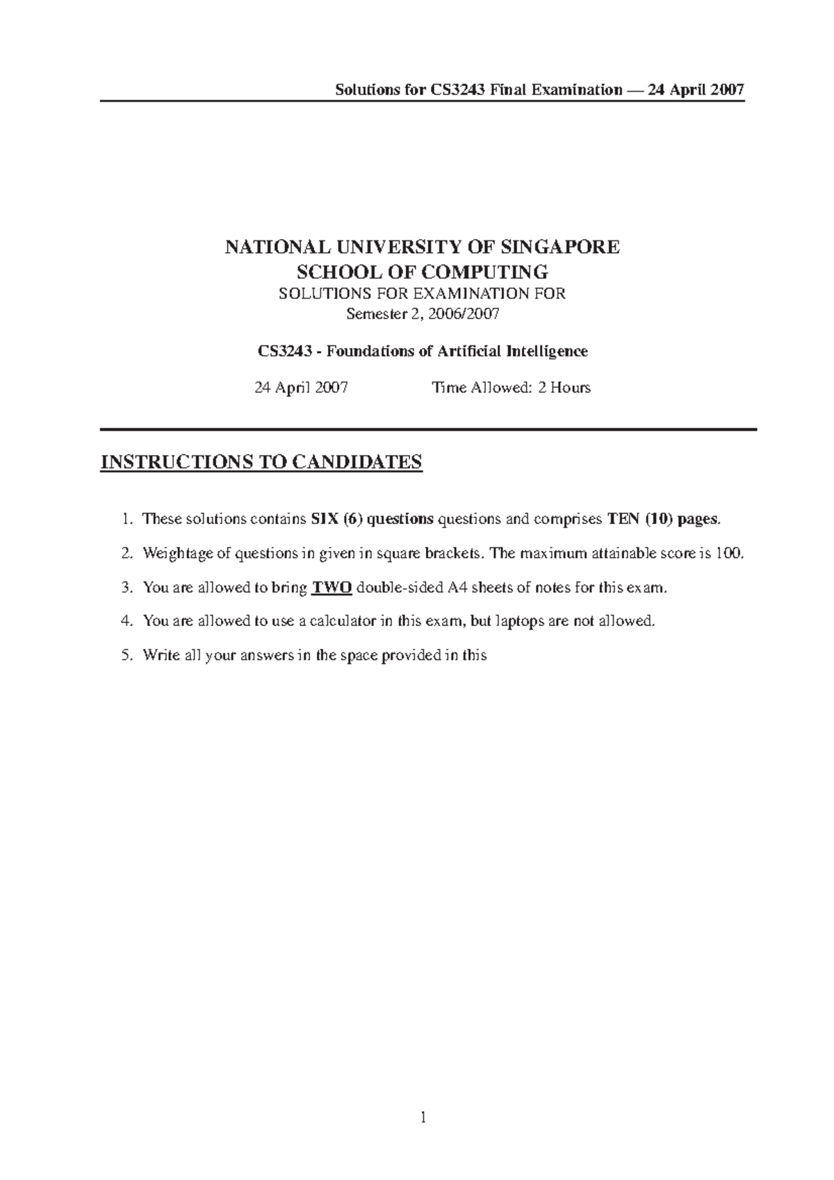 Cs3243-final 2007-solution - NATIONAL UNIVERSITY OF SINGAPORE SCHOOL OF ...