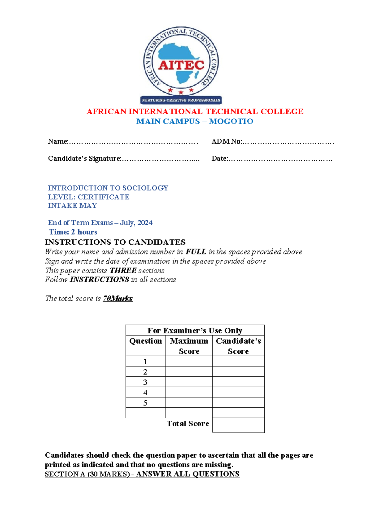 Sociology END TERM Exams MAY - Candidates should check the question ...