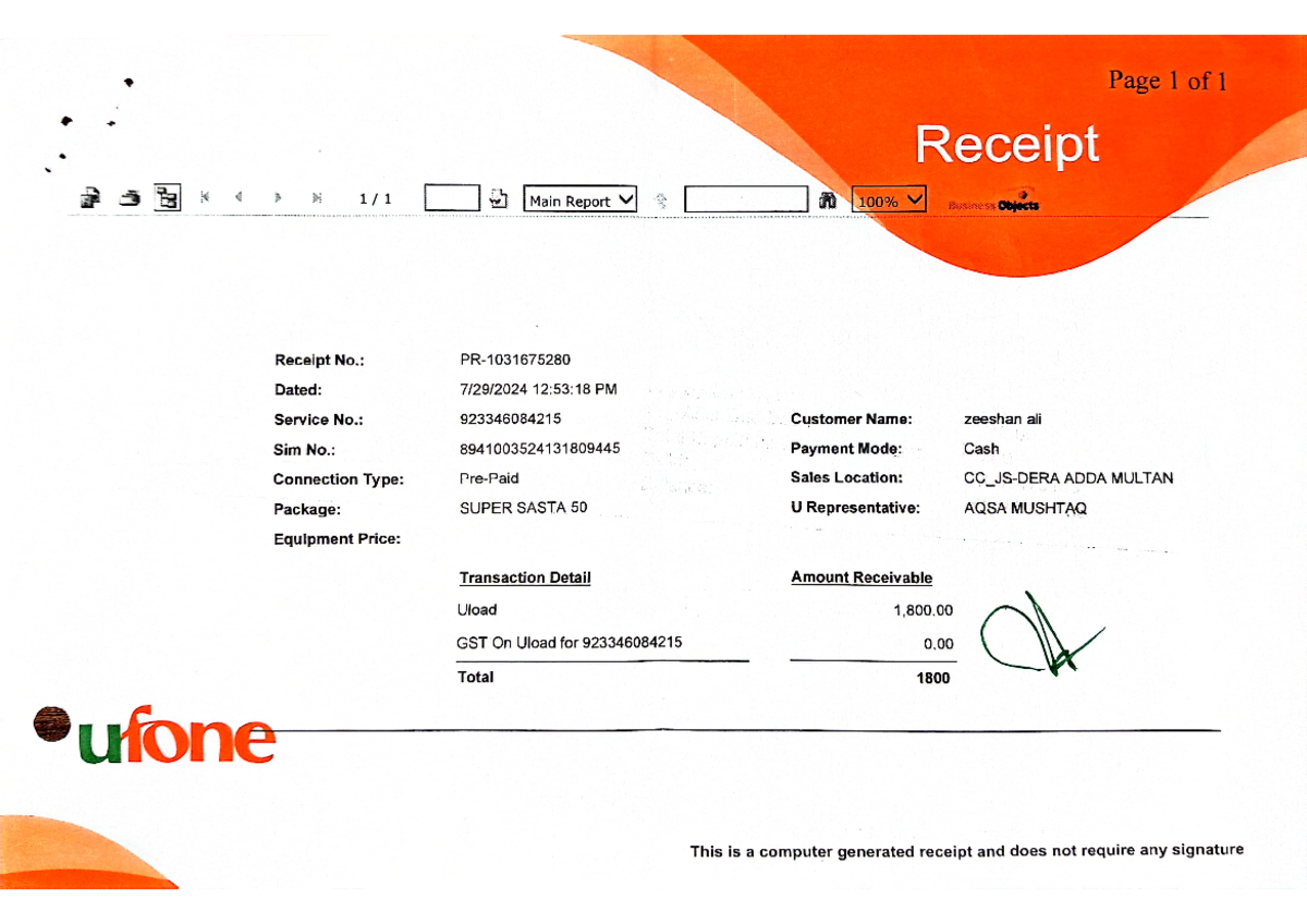 Ufone bill - ttyfgh - Page 1 of 1 Receipt A X 1 1 Main Report Objects ...