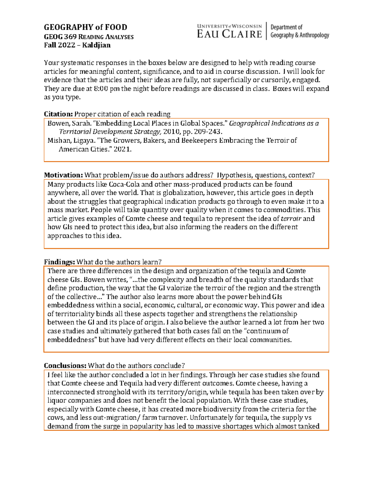 Reading Response F22-5 - GEOGRAPHY of FOOD GEOG 369 READING ANALYSES ...