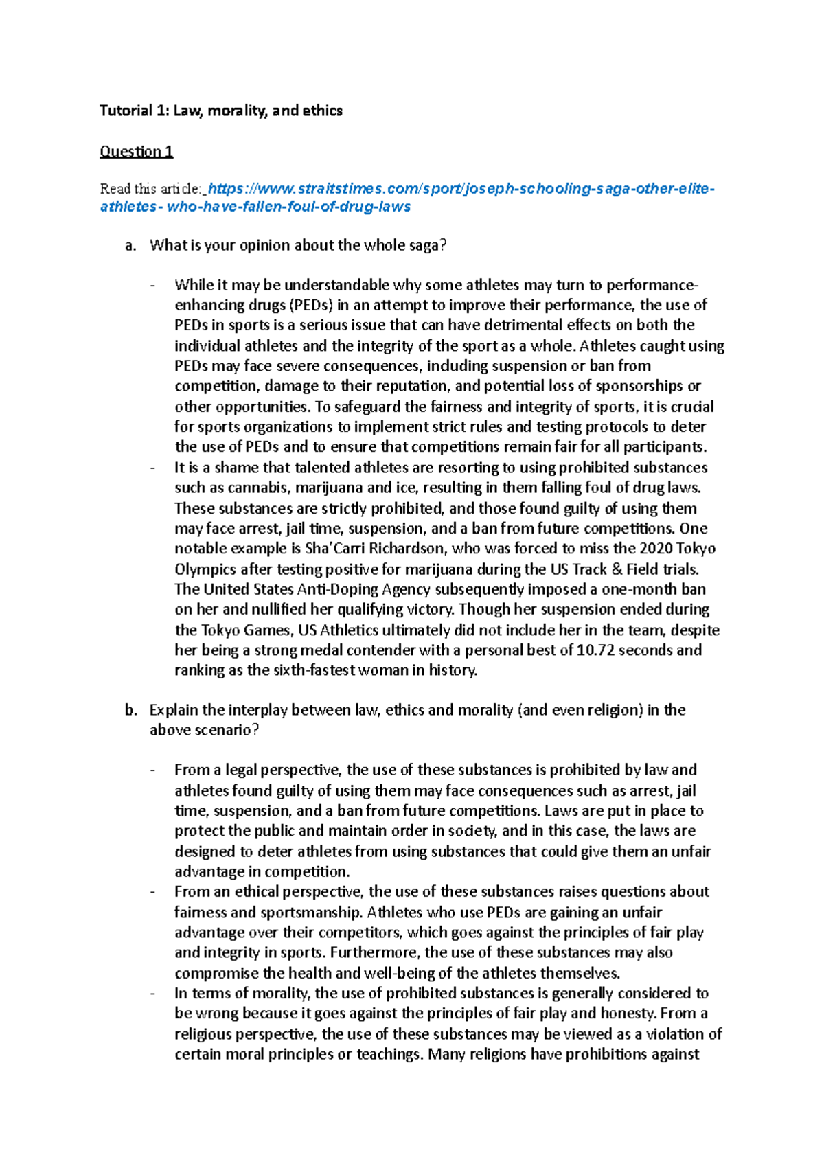 Tutorial 1 - model ans - Tutorial 1: Law, morality, and ethics Question ...