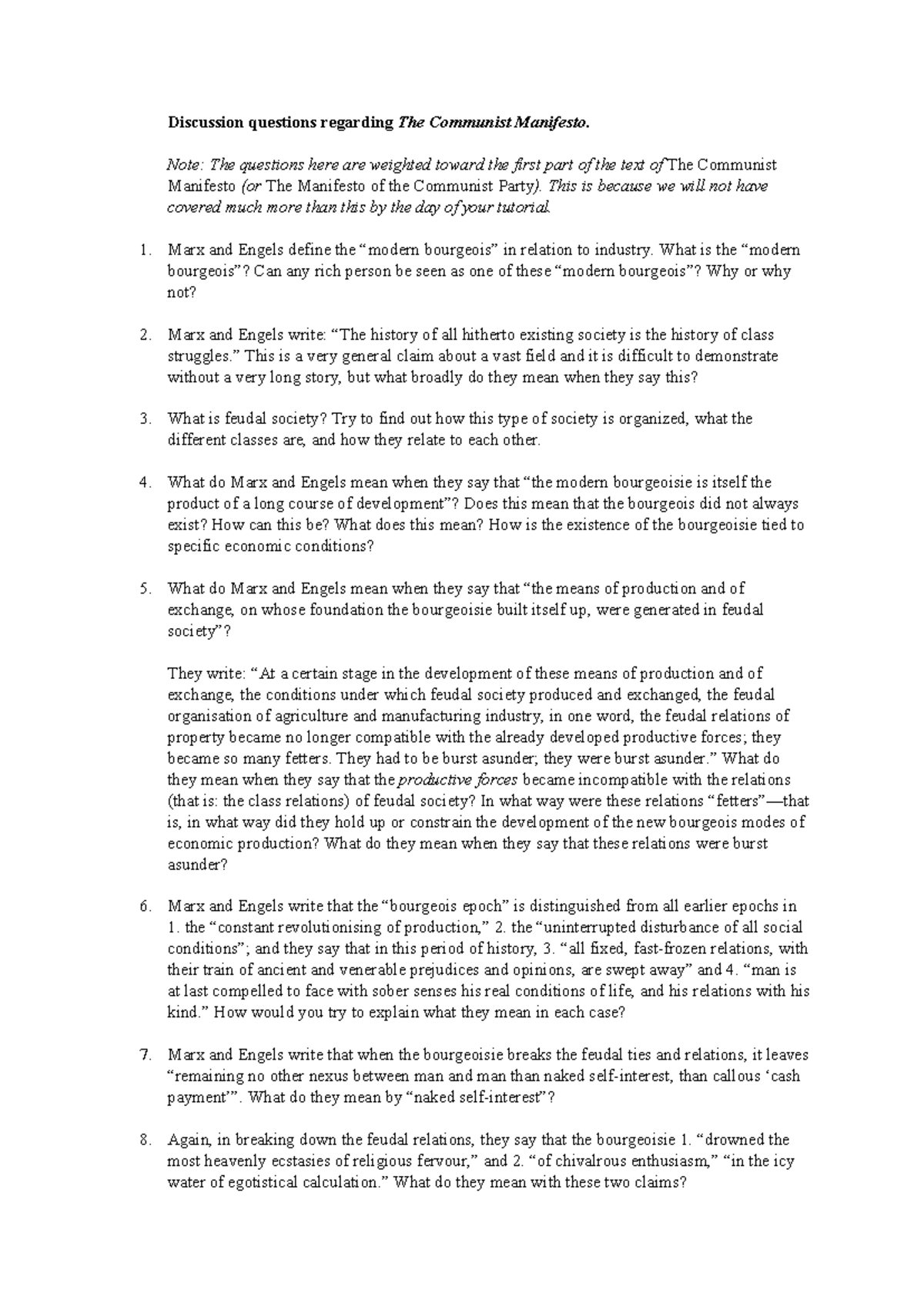 Marxism tut discussion questions - Discussion questions regarding The ...