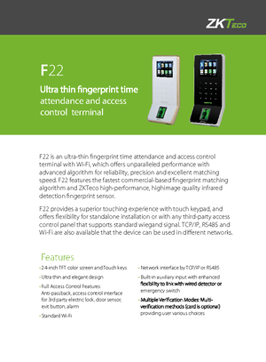 Zkteco europe f18 datasheet - F 18 Fingerprint Standalone Access Control TFT Color Screen ...