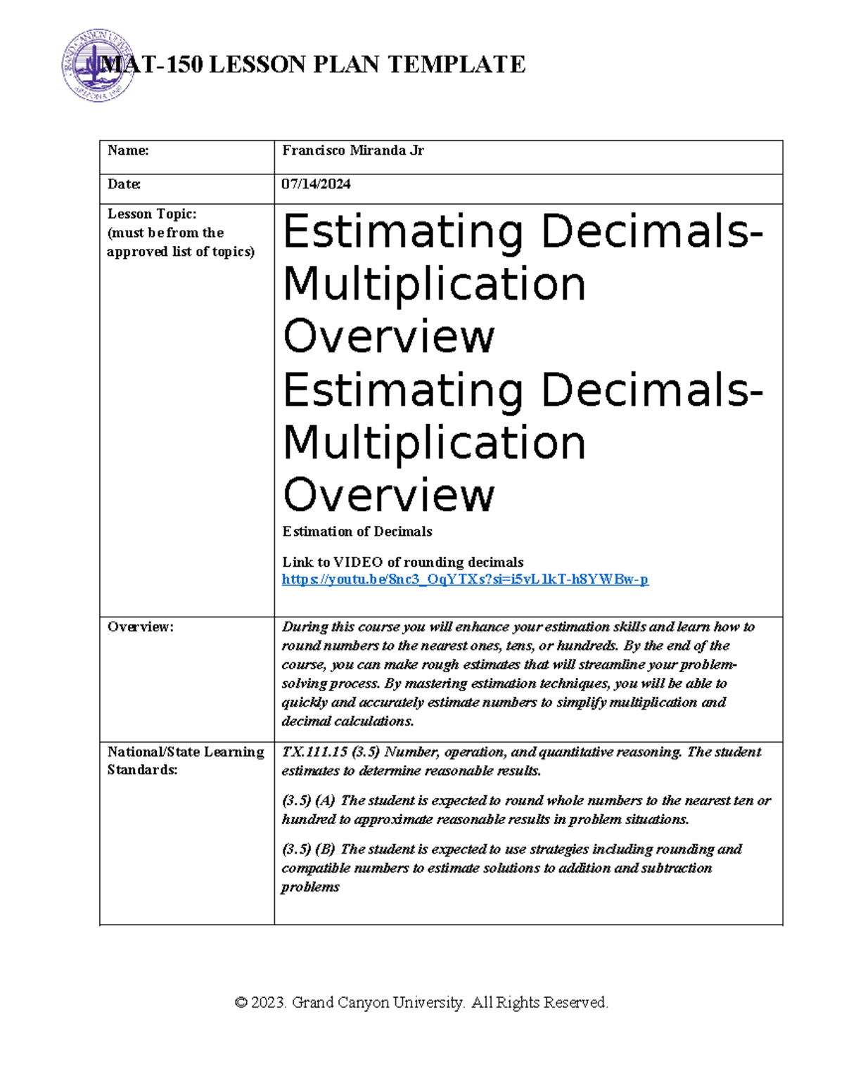 MAT-150 Lesson Plan 2 - Name: Francisco Miranda Jr Date: 07/14/ Lesson ...