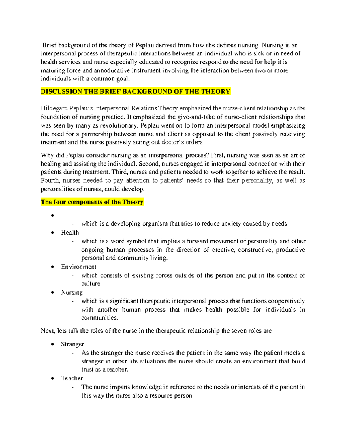 Hidegard Peplau - LECTURE TRANSES - Brief background of the theory of ...