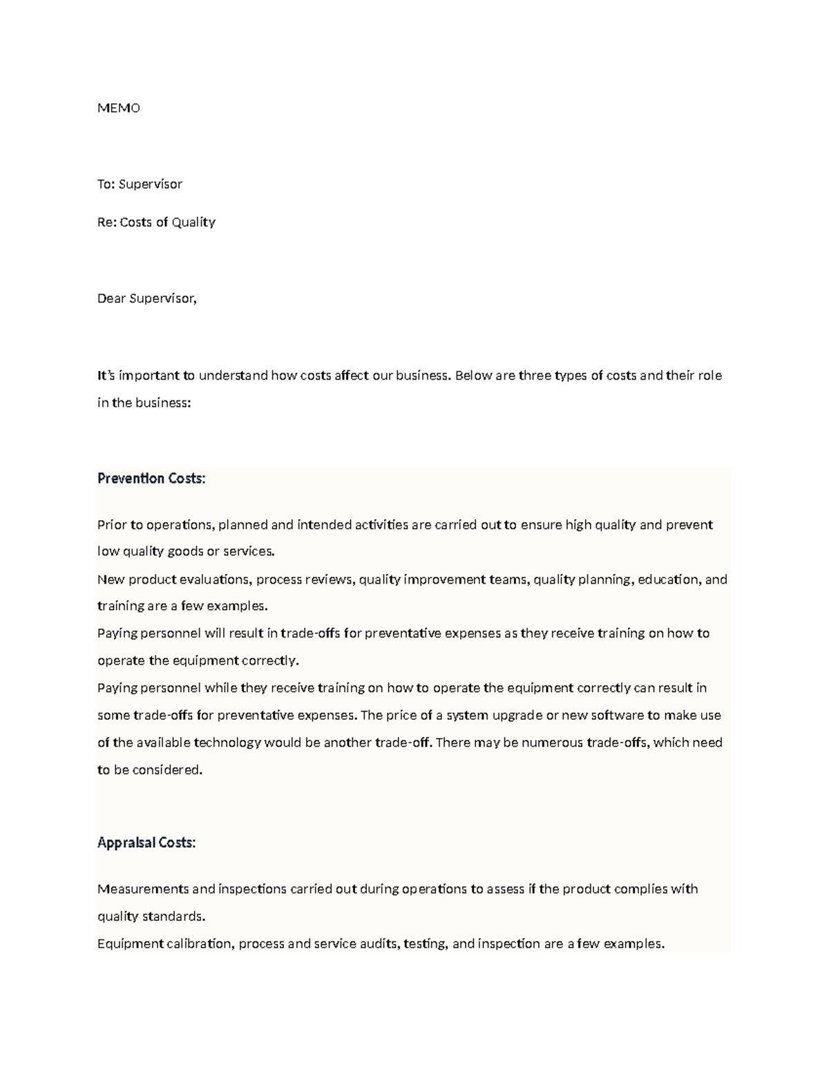 Business Task 1 MEMO - Paper - MEMO To: Supervisor Re: Costs of Quality ...