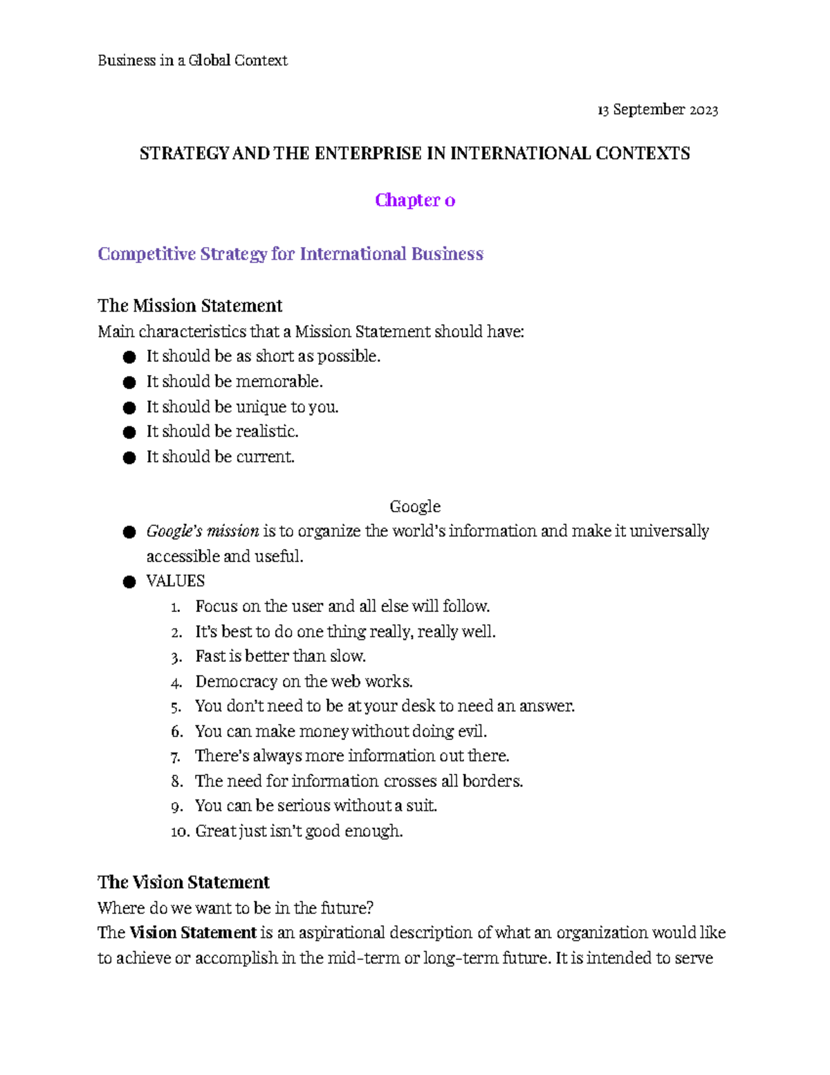Notas Business in a Global Context - 13 September 2023 STRATEGY AND THE ...