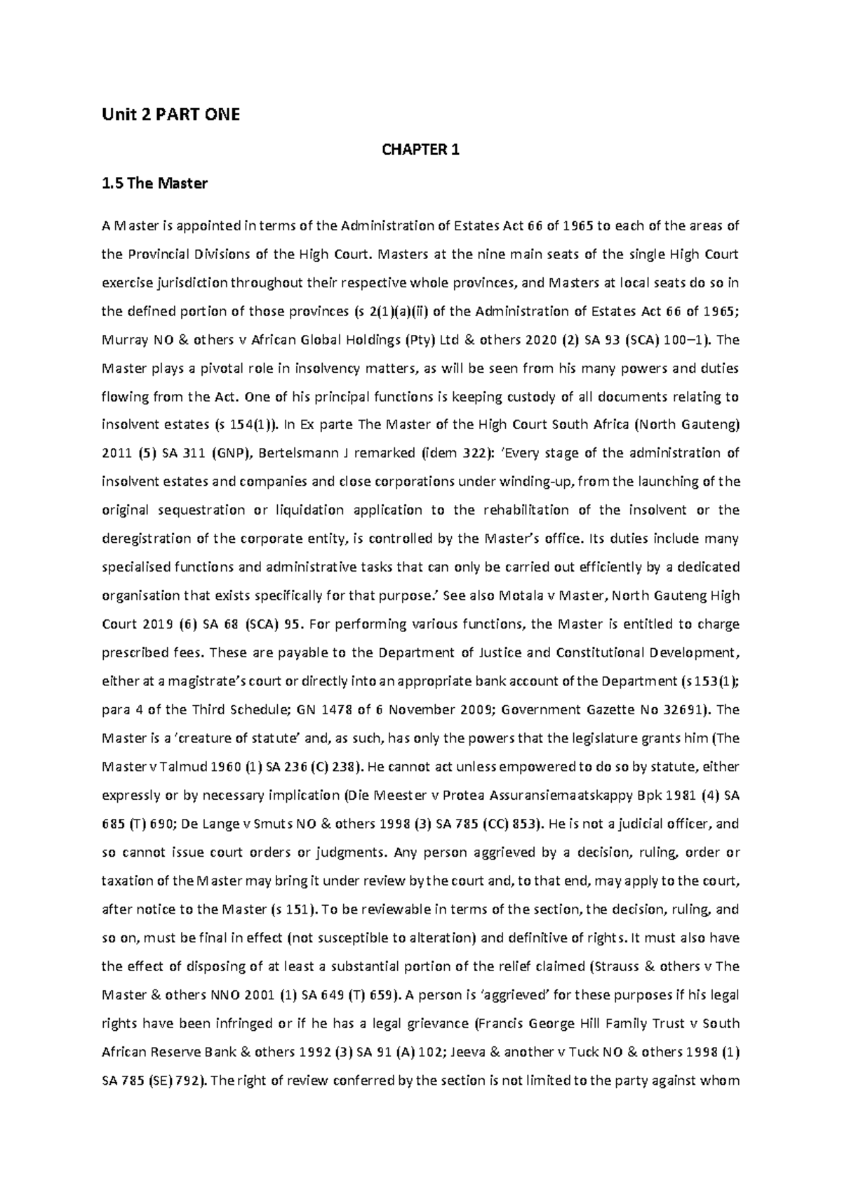 Insolvecy Unit 2 PART ONE 2024 - Unit 2 PART ONE CHAPTER 1 1 The Master ...