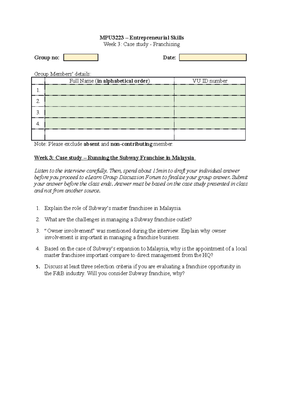 Case study - Subway - MPU3223 – Entrepreneurial Skills Week 3: Case ...