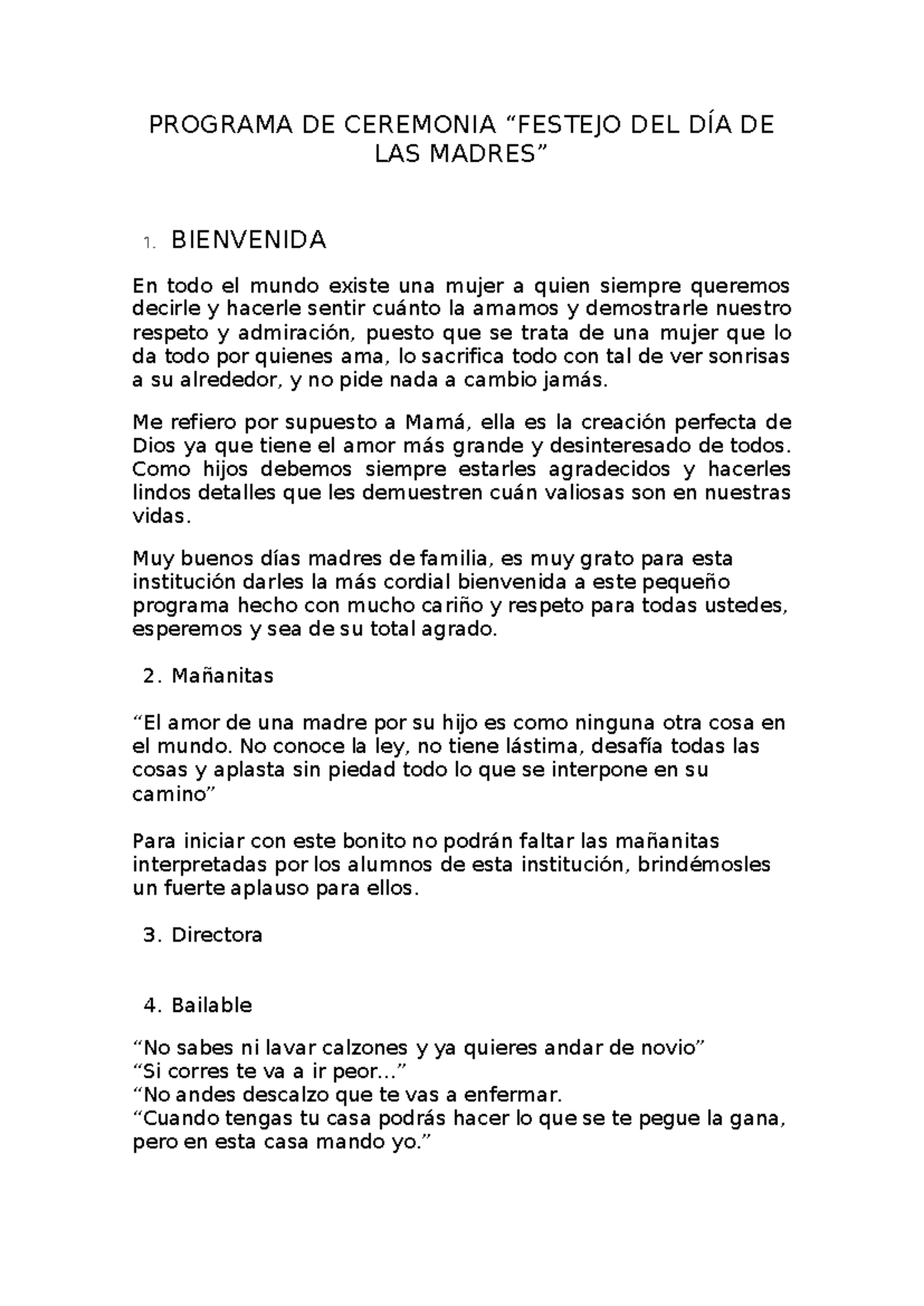 Programa Del Dia De La Madre - PROGRAMA DE CEREMONIA “FESTEJO DEL DÍA DE LAS MADRES” 1 ...