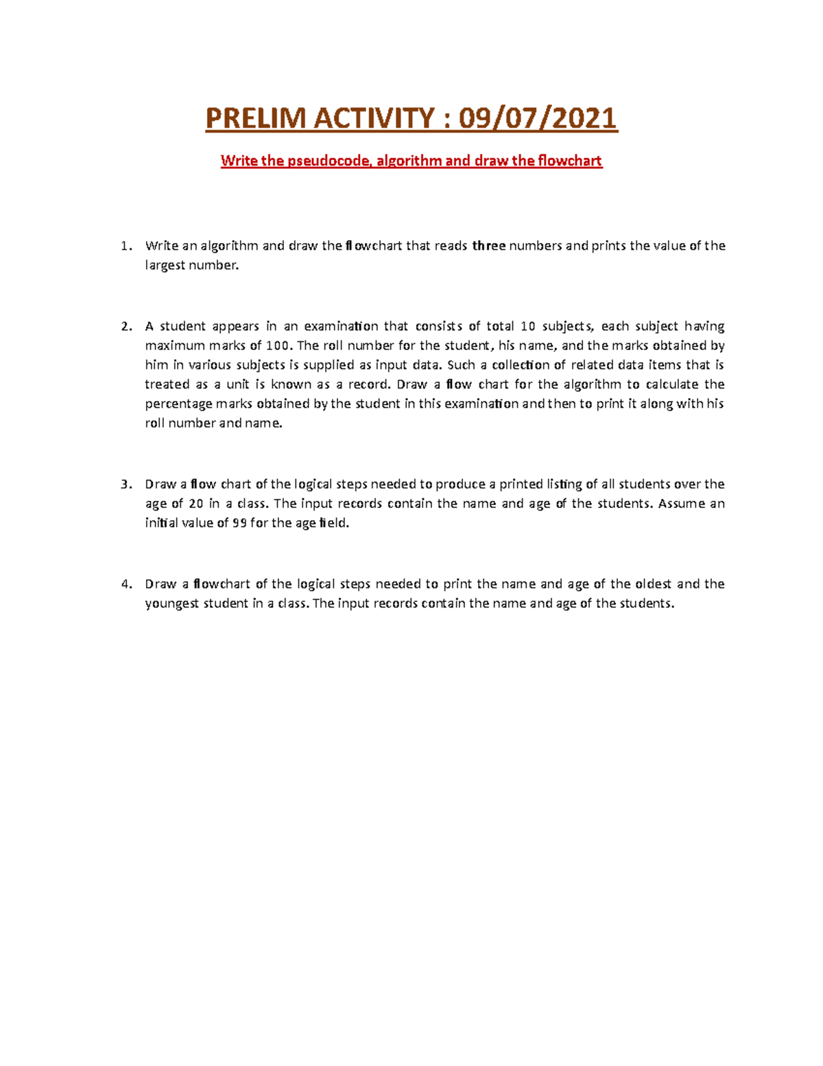 Activity Prelim - answers - PRELIM ACTIVITY : 09/07/ Write the pseudocode, algorithm and draw ...