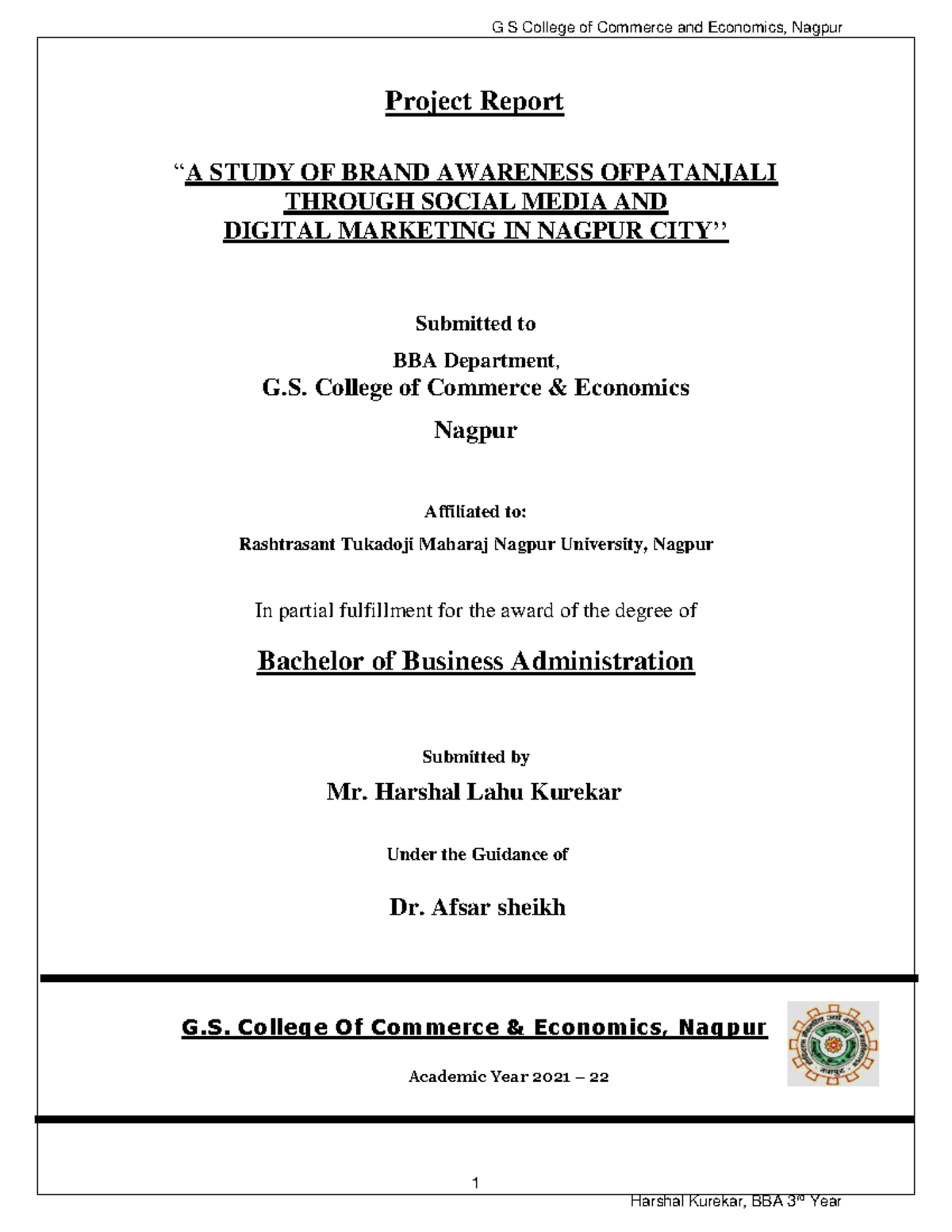 BBA project on marketing management - 1 Project Report “A STUDY OF ...