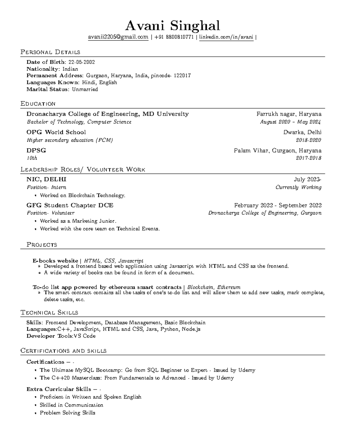 Avaniresume - a resume - Avani Singhal avanii2205@gmail | +91 8800810771 | linkedin/in/avani ...