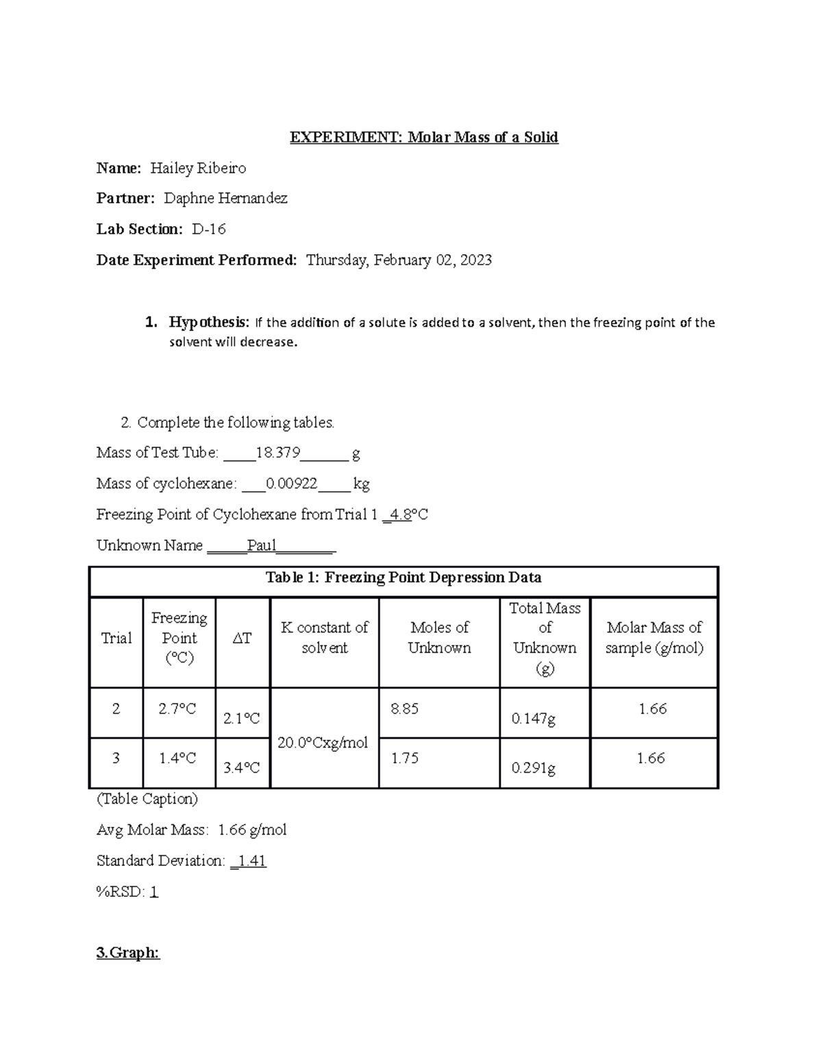 Molar mass of a solid lab calculations report - EXPERIMENT: Molar Mass ...