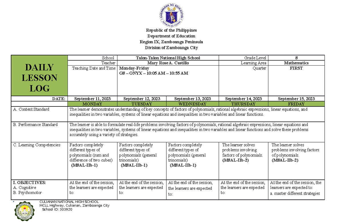 Grade 8 DLL Q1W2-D1-D5 - G8 DLL - Department of Education Region IX ...