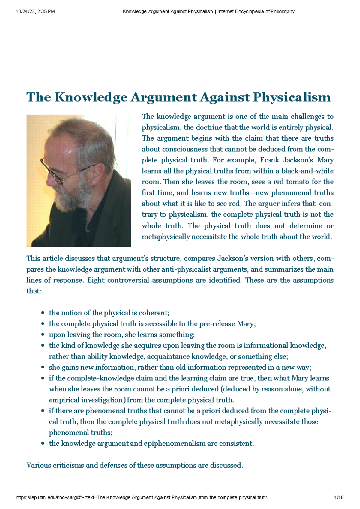 Knowledge Argument Against Physicalism Internet Encyclopedia of ...