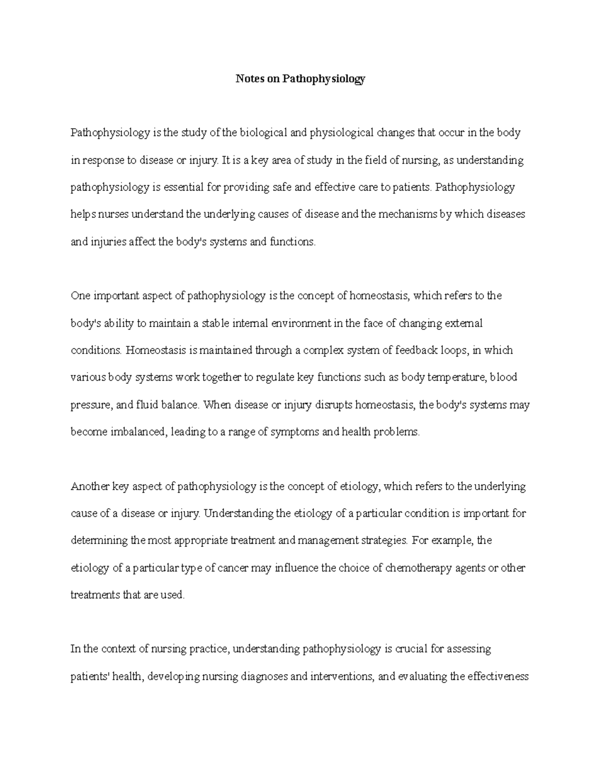 Notes on Pathophysiology - Notes on Pathophysiology Pathophysiology is ...