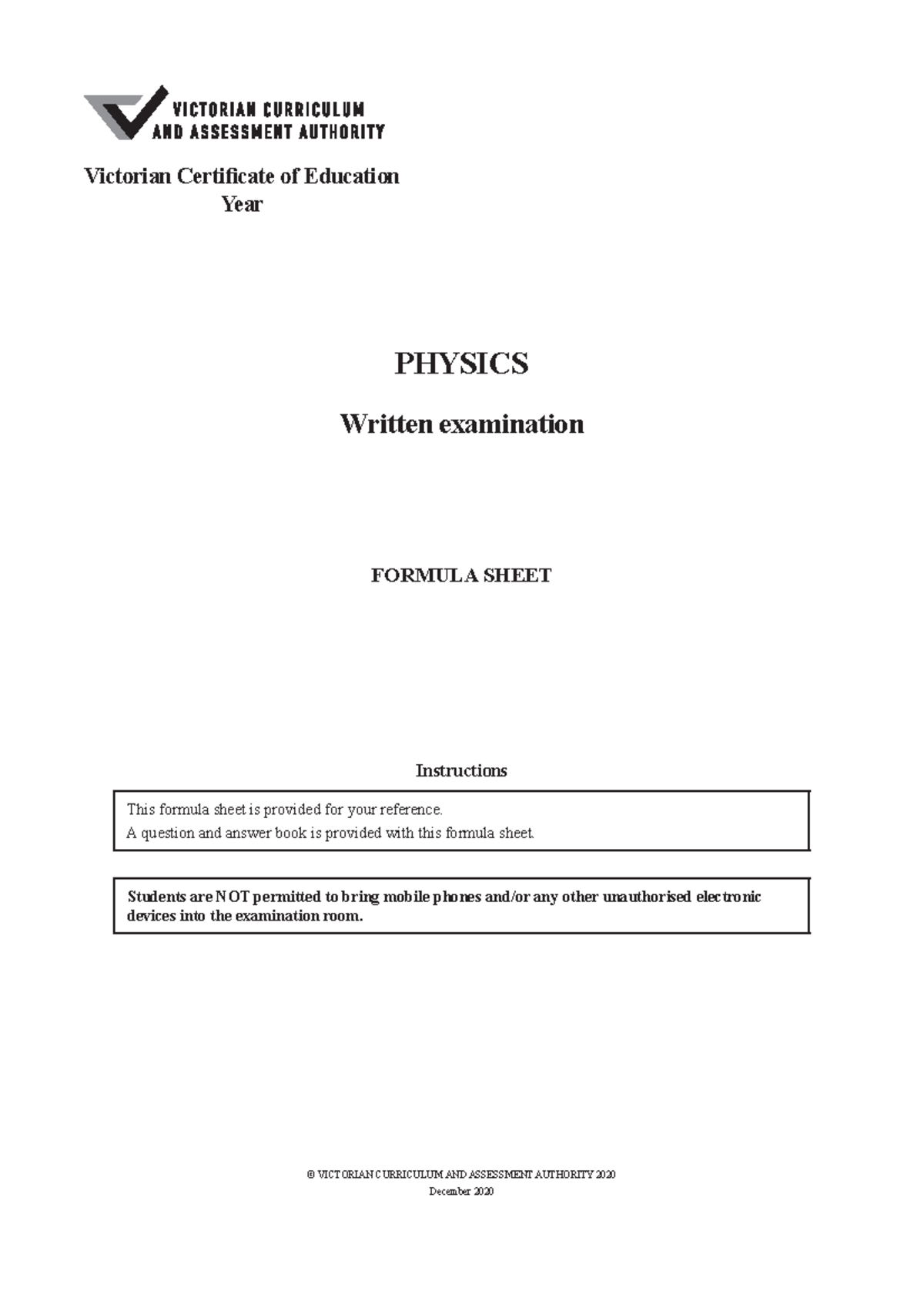 VCAA formula sheet - lecture notes from vcaa - Year PHYSICS Written ...