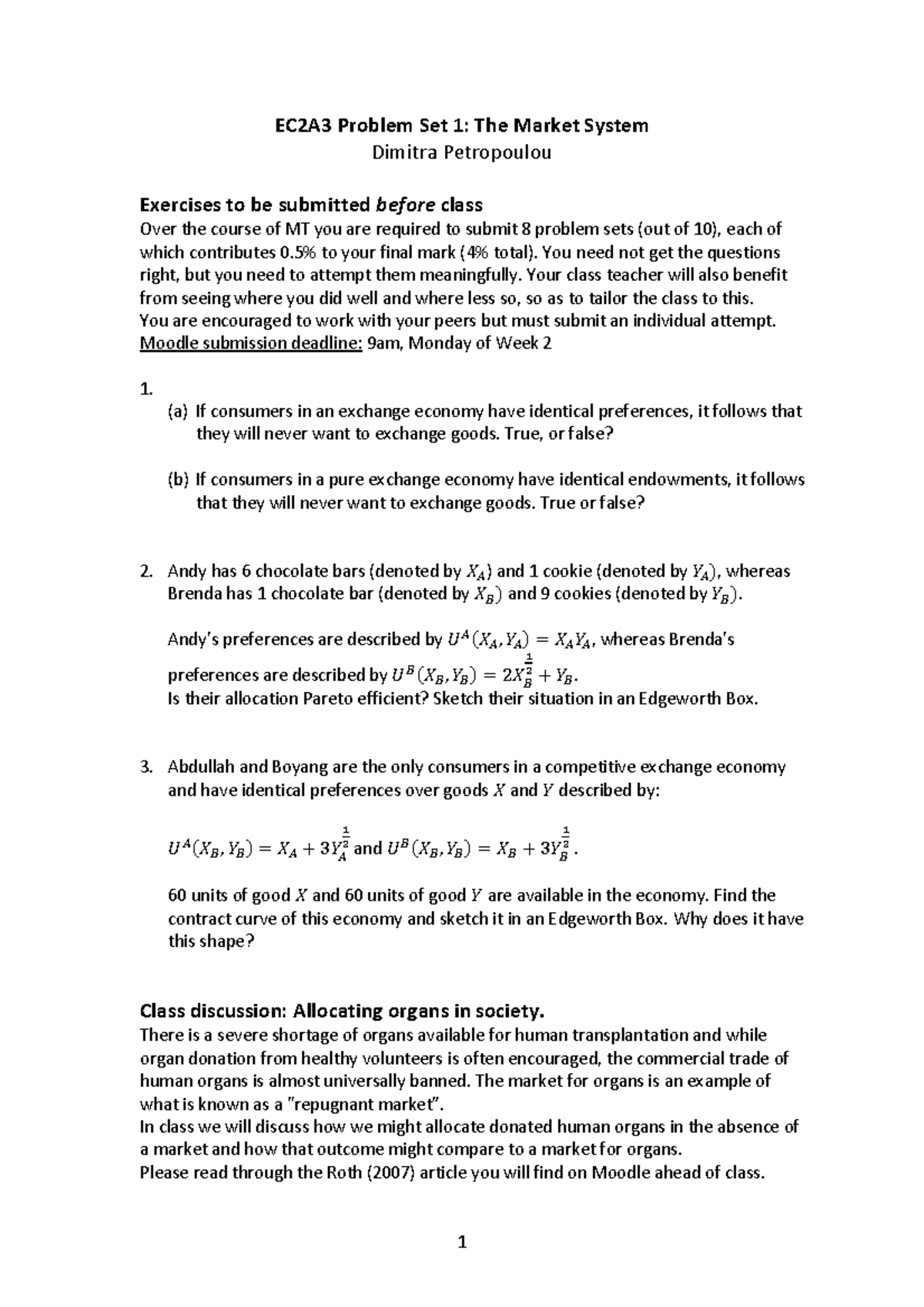 Problem Set 1 - Macroeconomics at lse - 1 EC2A3 Problem Set 1: The Market System Dimitra ...