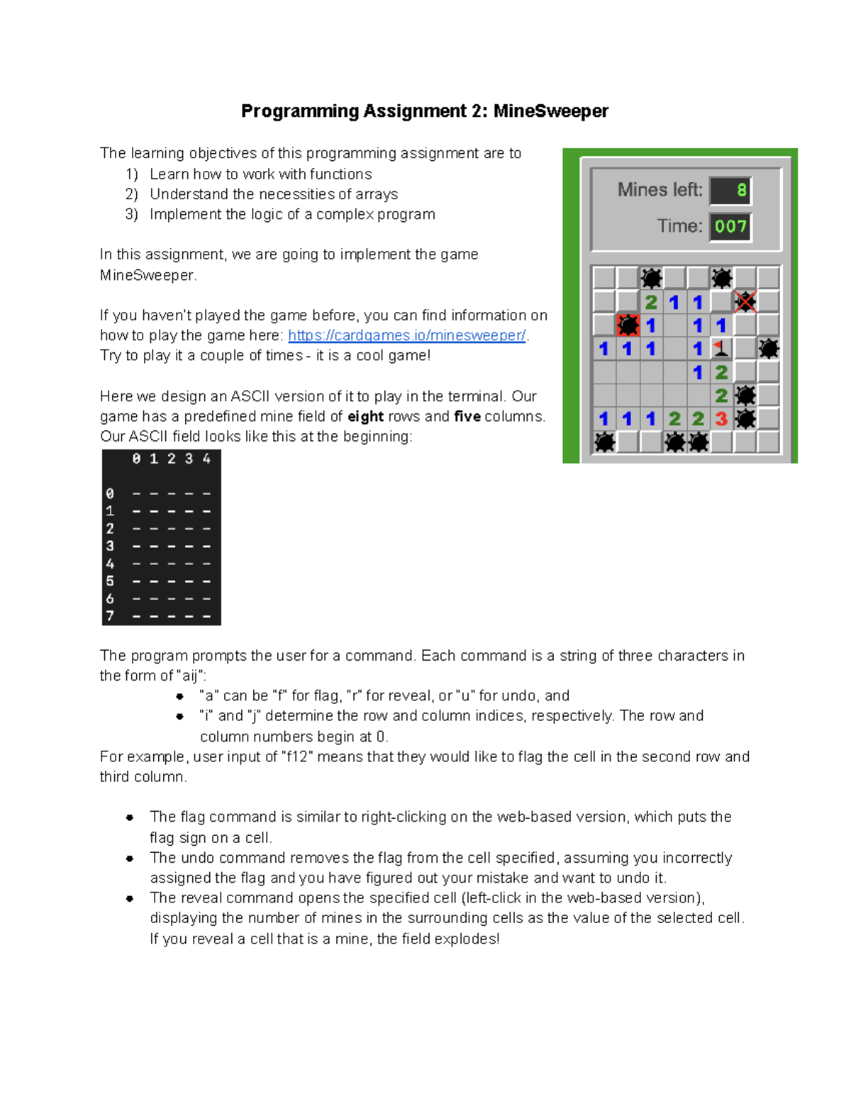 Cs 141 Project 2 Instructions Programming Assignment 2 Minesweeper The Learning Objectives Of