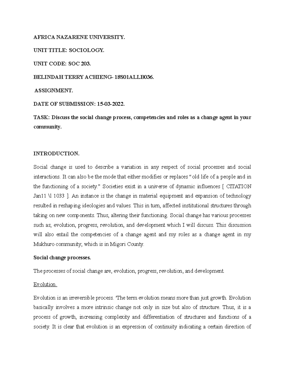 SOC 203- Assignment - AFRICA NAZARENE UNIVERSITY. UNIT TITLE: SOCIOLOGY ...