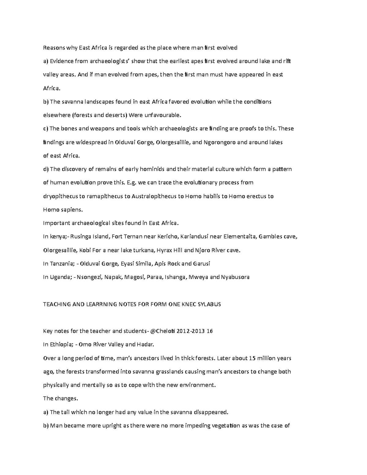Notes 15 - Reasons why East Africa is regarded as the place where man ...
